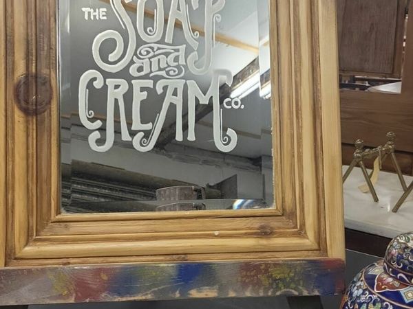 Small vintage pine bathroom mirror etched logo for sale in Co. Donegal for €65 on DoneDeal