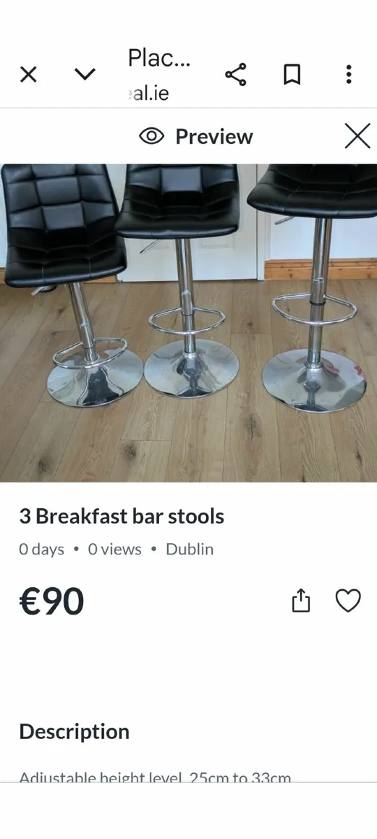 3 Breakfast bar stools for sale in Co. Dublin for €90 on DoneDeal