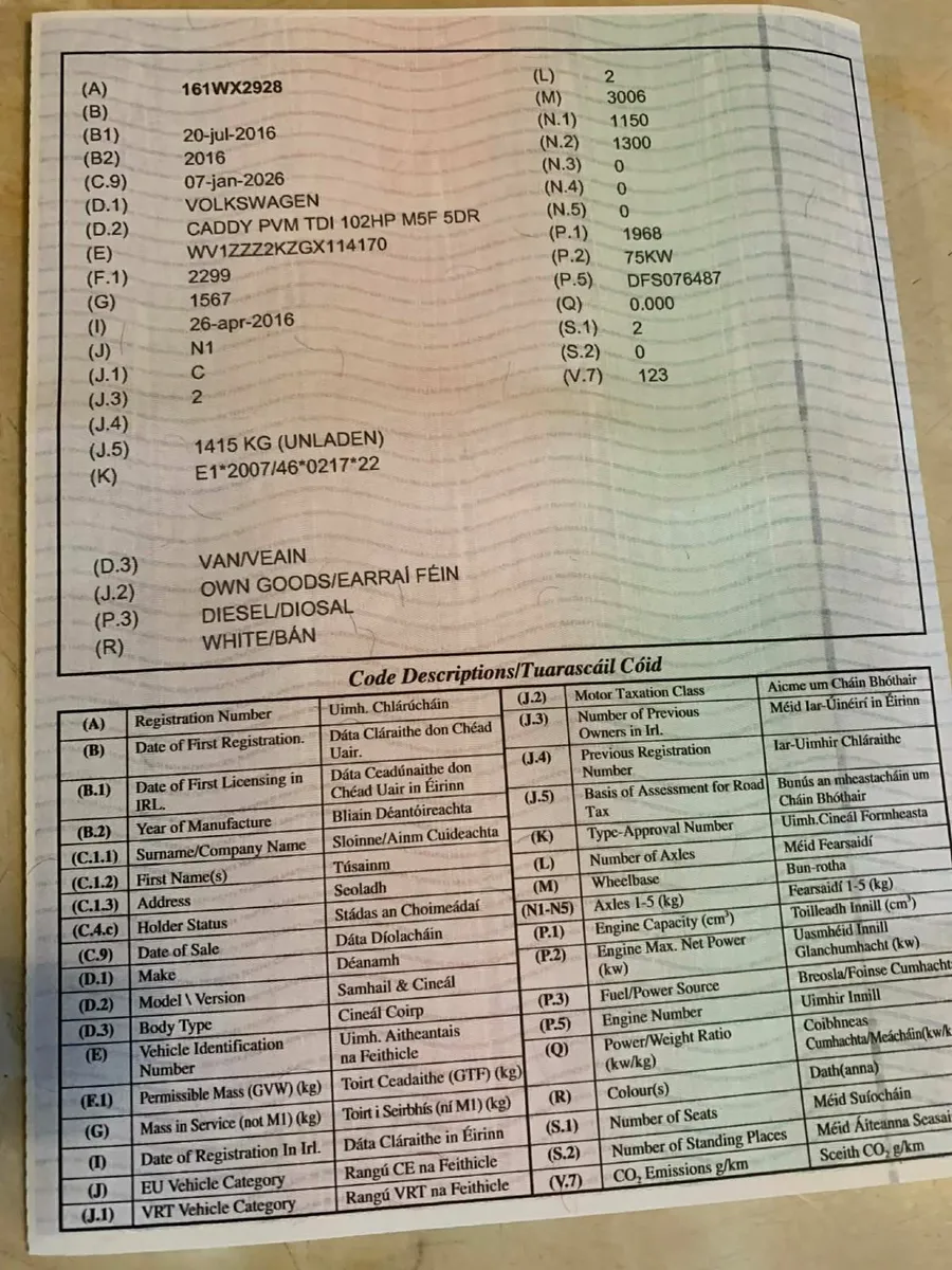 VW Caddy 2.0 litre diesel. Doe until July 2026. for sale in Co. Wexford ...